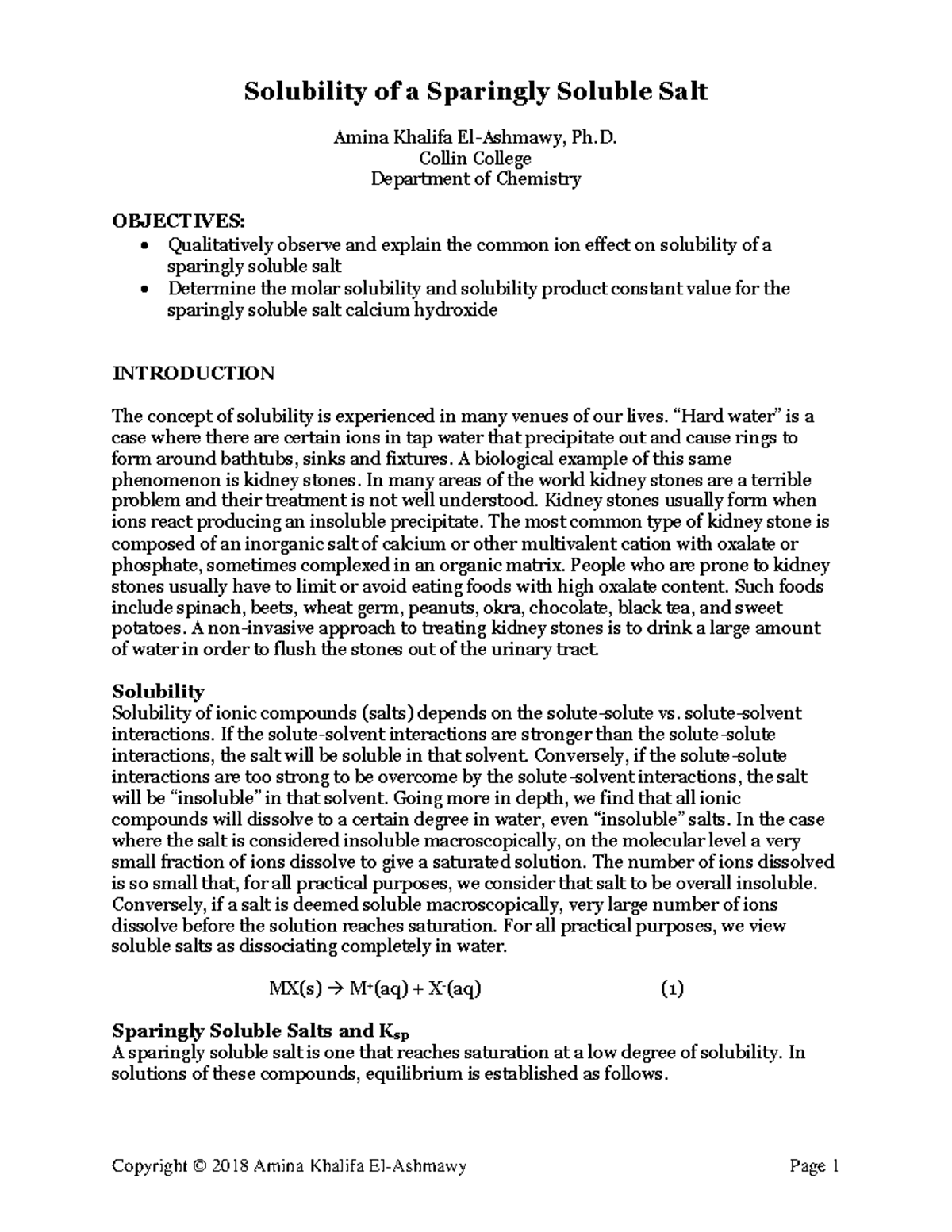 Solubility and Ksp Lab Handout - Solubility of a Sparingly Soluble Salt ...