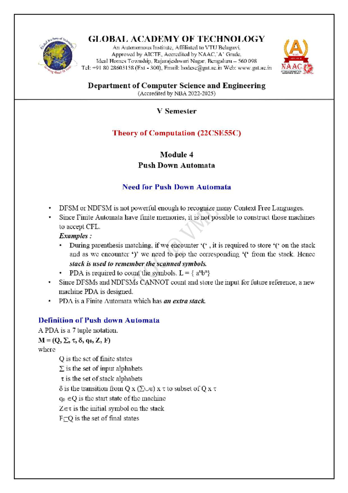 22CSE55C TOC Module 4: Understanding Push Down Automata (PDA) - Studocu