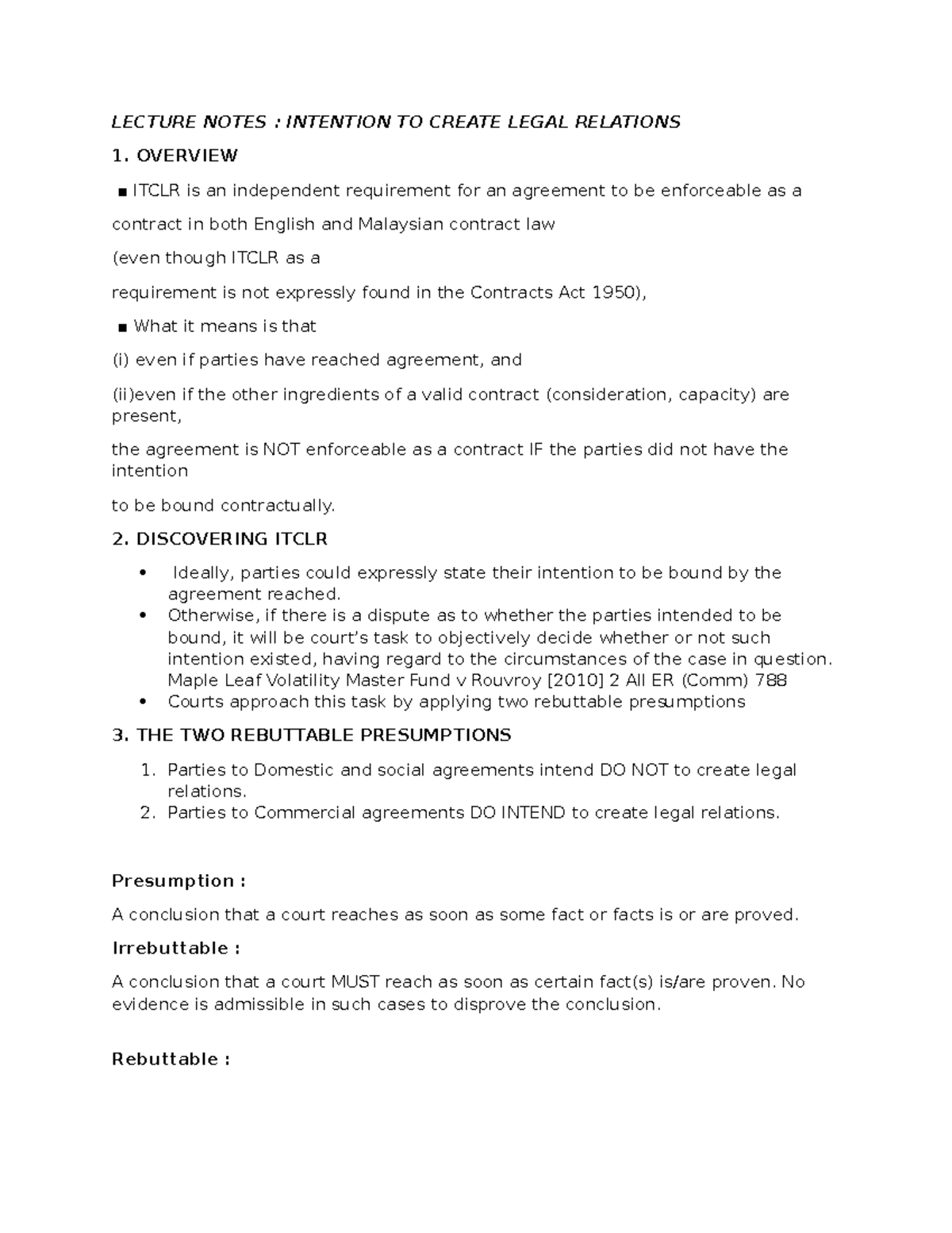 Lecture Notes- ITCLR in Contract Law: Intent to Create Relations - Studocu