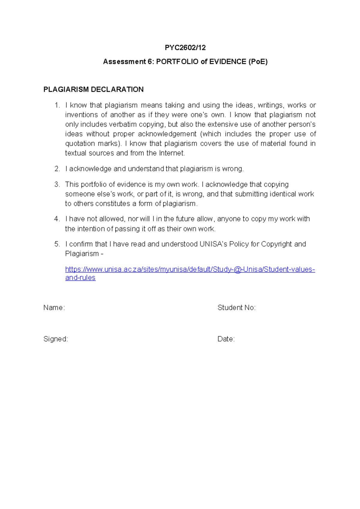 PYC2602/12 Assessment 6: PoE Submission Guide & Plagiarism Declaration - Studocu