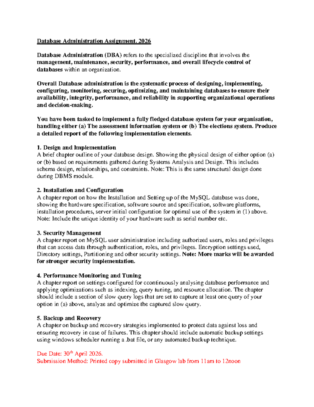 Database Administration Assignment 2026 - Studocu
