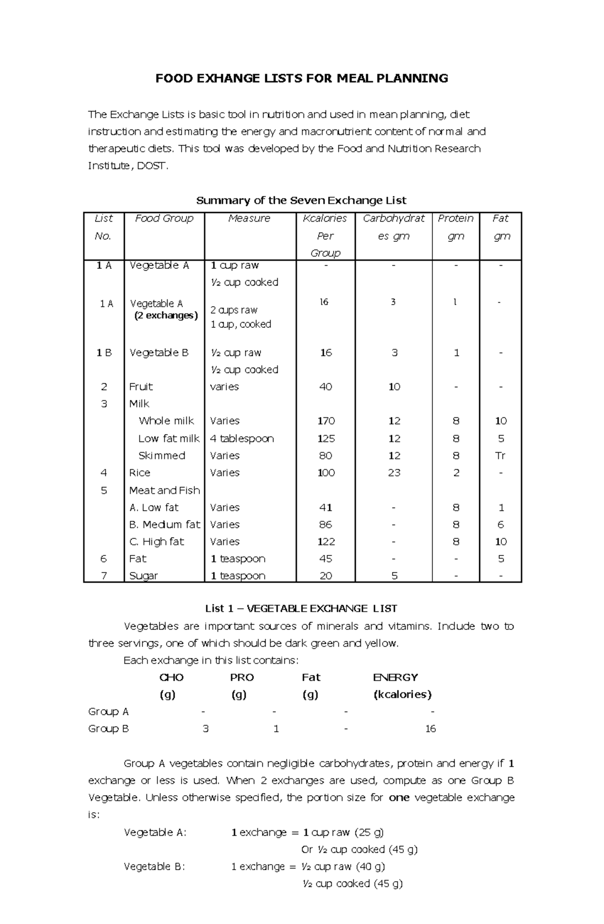 DOST 2.b. Final Exam Handout: Food Exchange Lists for Meal Planning ...
