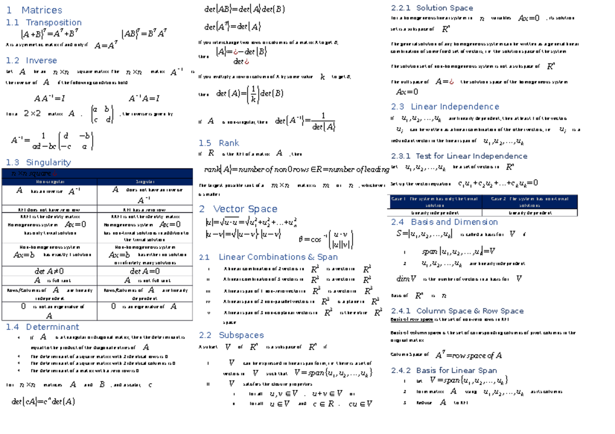 MA1513 Cheat Sheet: Linear Algebra & Differential Equations Summary - Studocu
