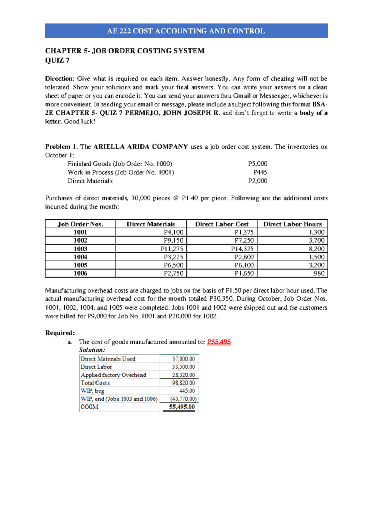 AE COST ACCOUNTING AND CONTROL CHAPTER 7 JOB ORDER COSTING QUIZ - Studocu