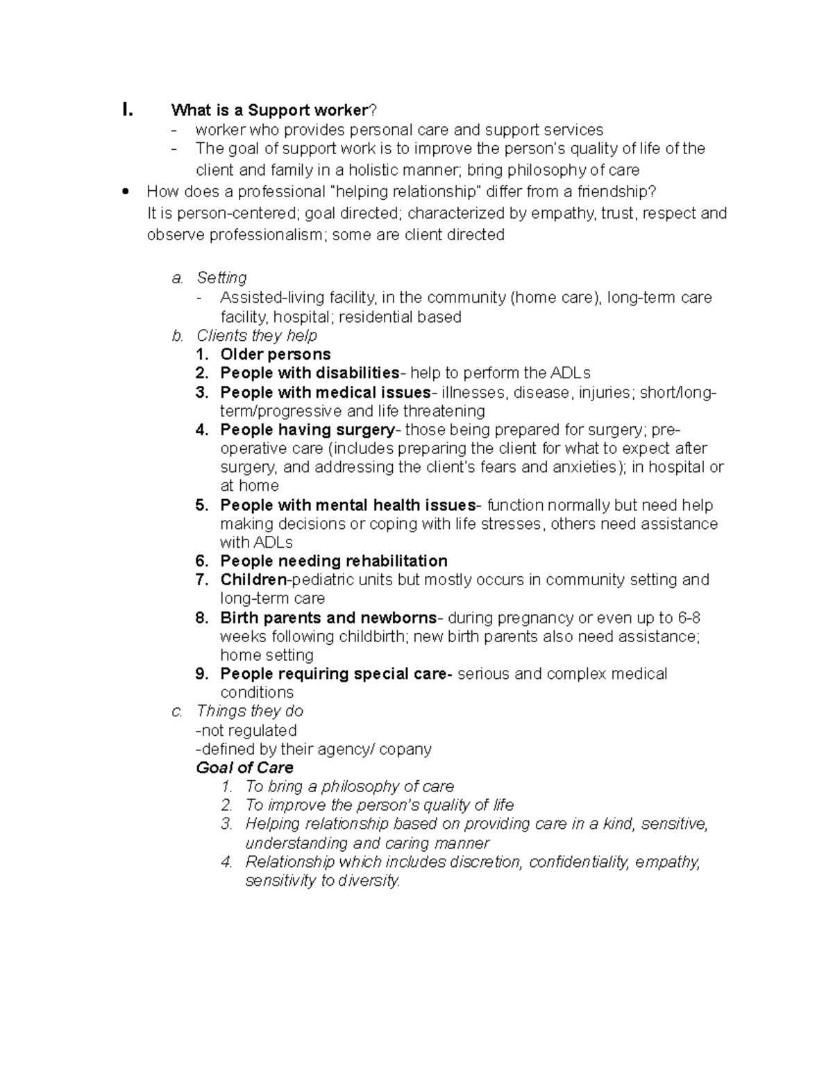 Module 2-Role of Support Worker - I. What is a Support worker? worker ...