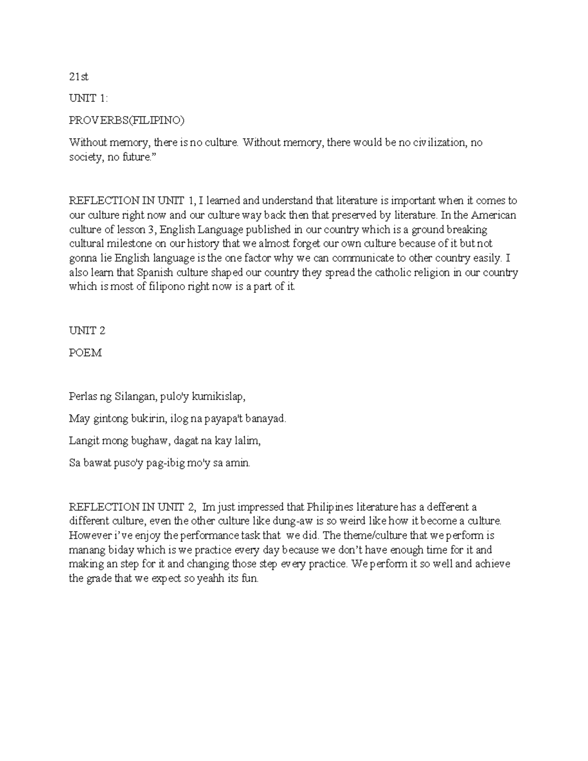 21ST UNIT 1: PROVERBS & UNIT 2 POEM REFLECTIONS (FILIPINO) - Studocu