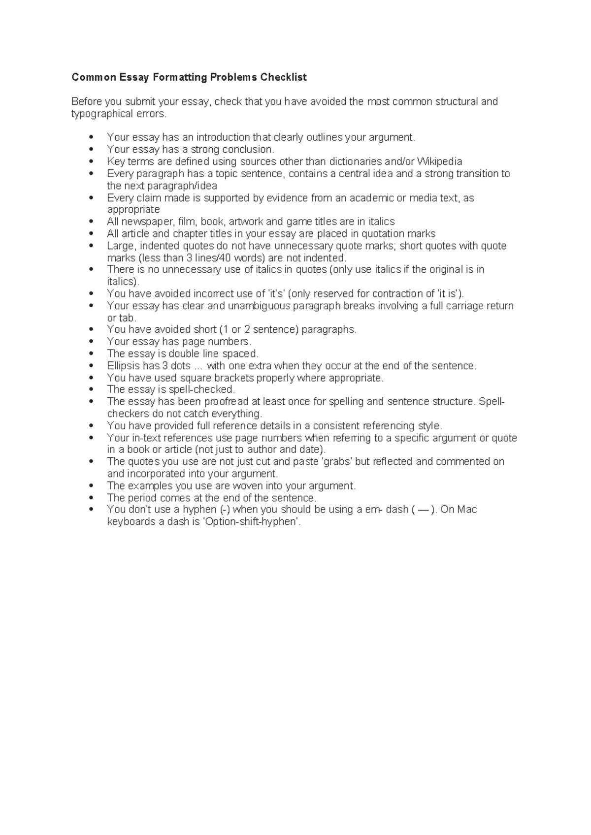 ENG101 Essay Formatting Problems Checklist - Studocu