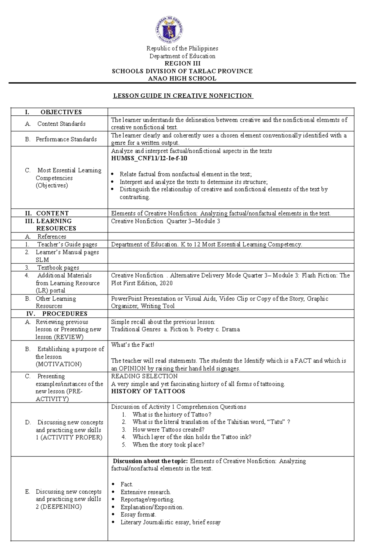 COT 2 - Lesson Guide in Creative Nonfiction for Anao High School - Studocu