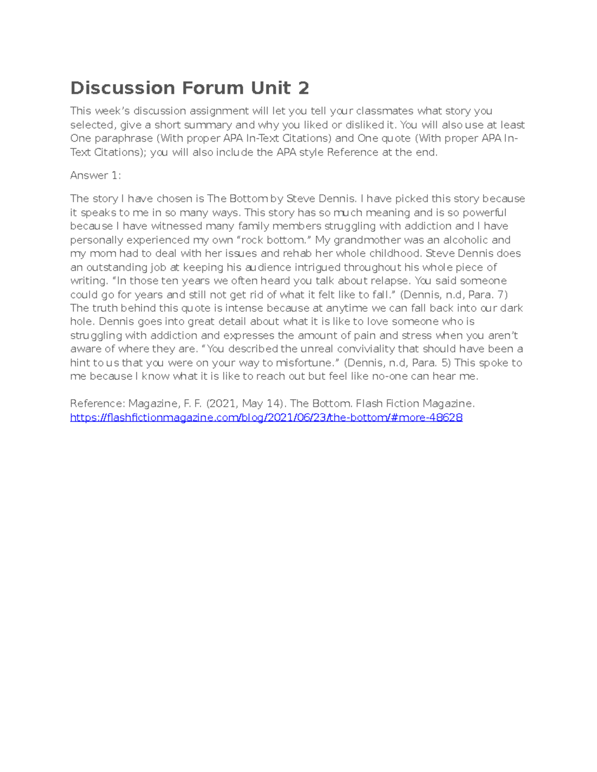 ENGL1102 Discussion Forum Unit 2: Analyzing Stories "The Bottom" & "The ...