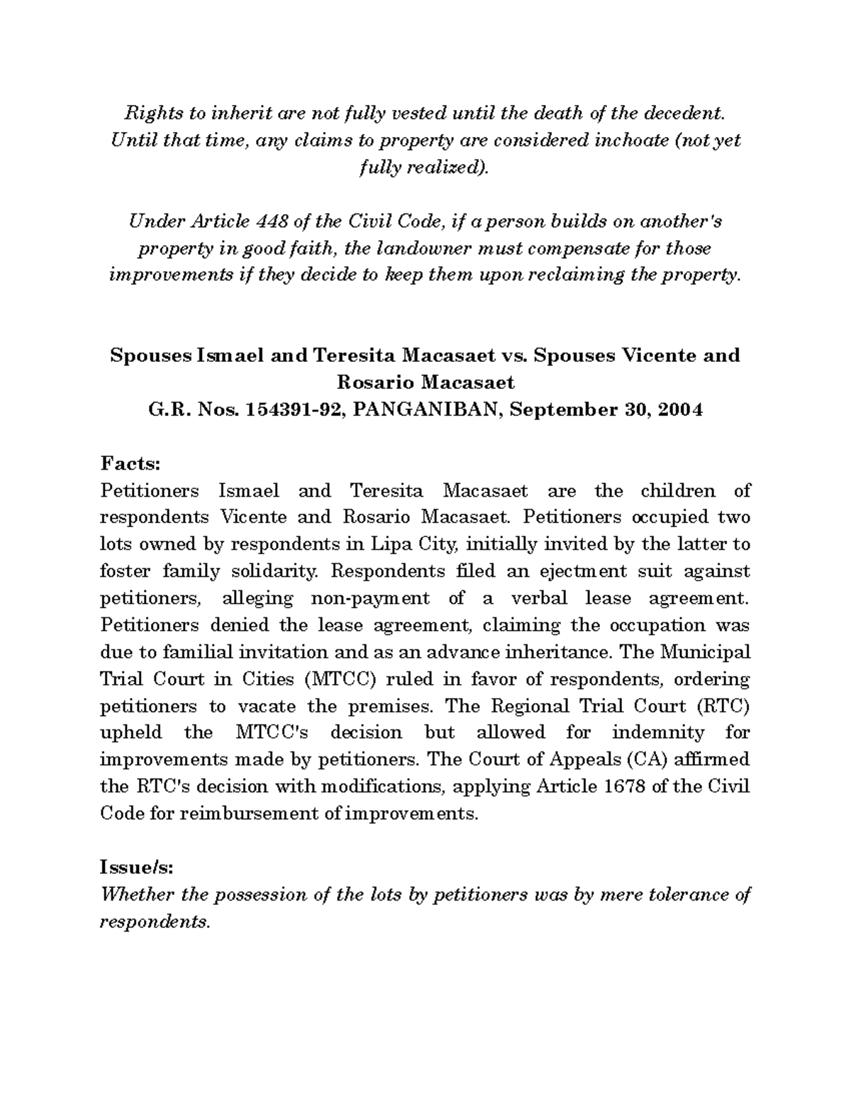 1. Macasaet vs. Macasaet 2004 - Rights to inherit are not fully vested ...
