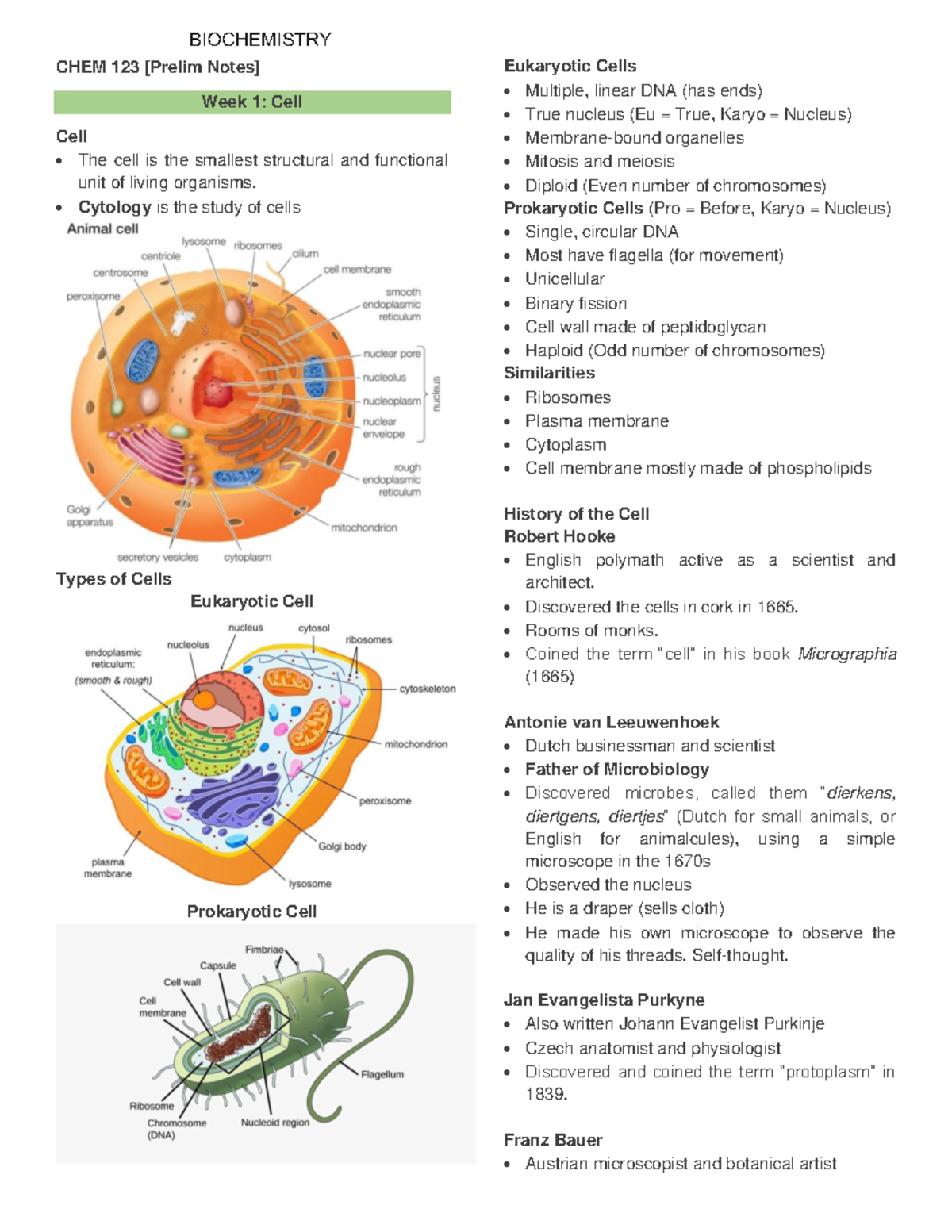 Biochem Prelims - CHEM 123 [Prelim Notes] Week 1: Cell Cell The cell is ...