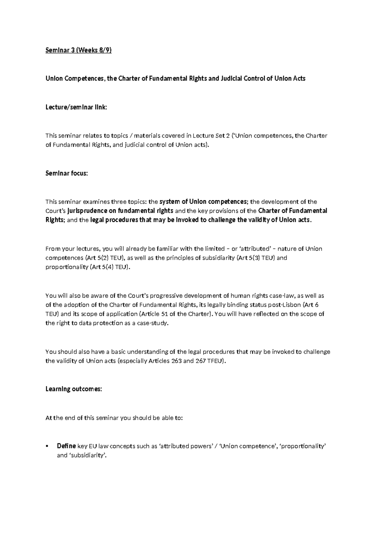 Seminar 3 - Seminar 3 (Weeks 8/9) Union Competences, the Charter of ...