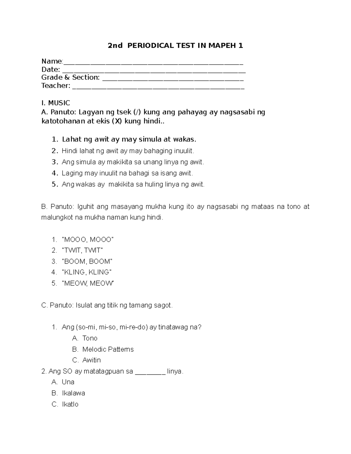 2nd Periodical Test in MAPEH 1 (Grade 1) - Studocu