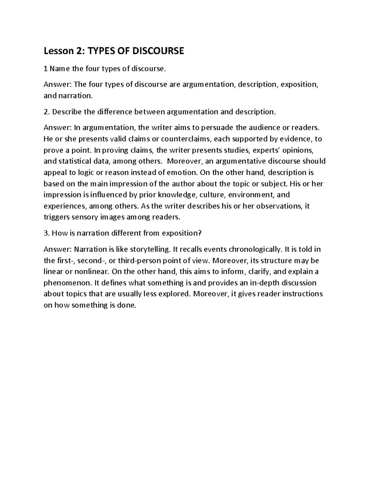 Lesson 2 Types Of Discourse Lesson 2 Types Of Discourse 1 Name The Four Types Of Discourse