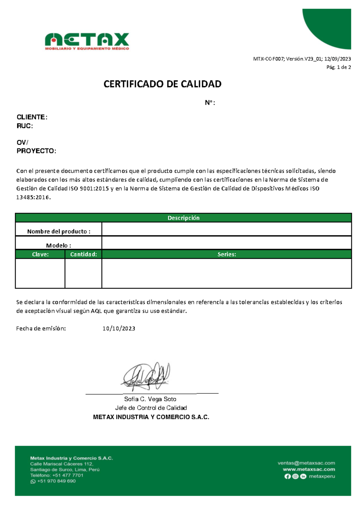 Ejemplo De Certificado De Calidad
