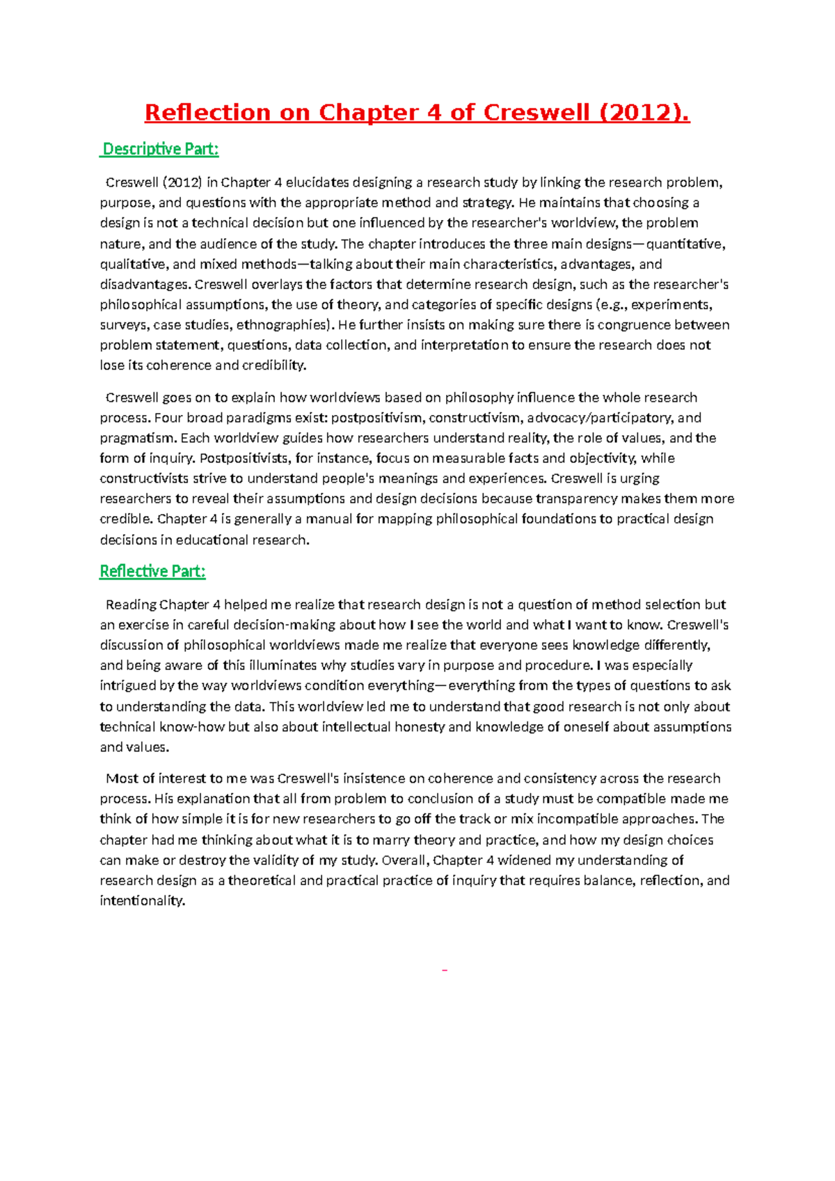 Reflection on Creswell (2012) Chapter 4: Research Design Insights - Studocu