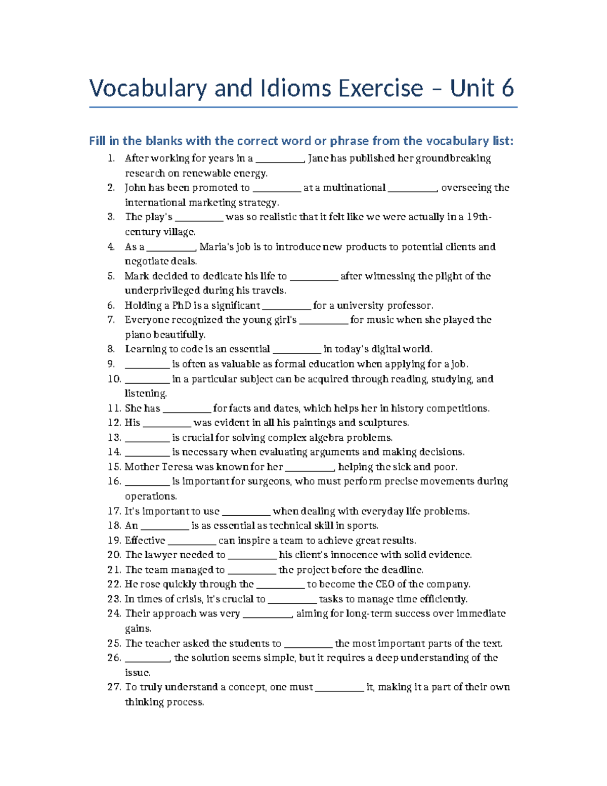 Vocabulary and Idioms Exercise - Unit 6 Activities - Studocu