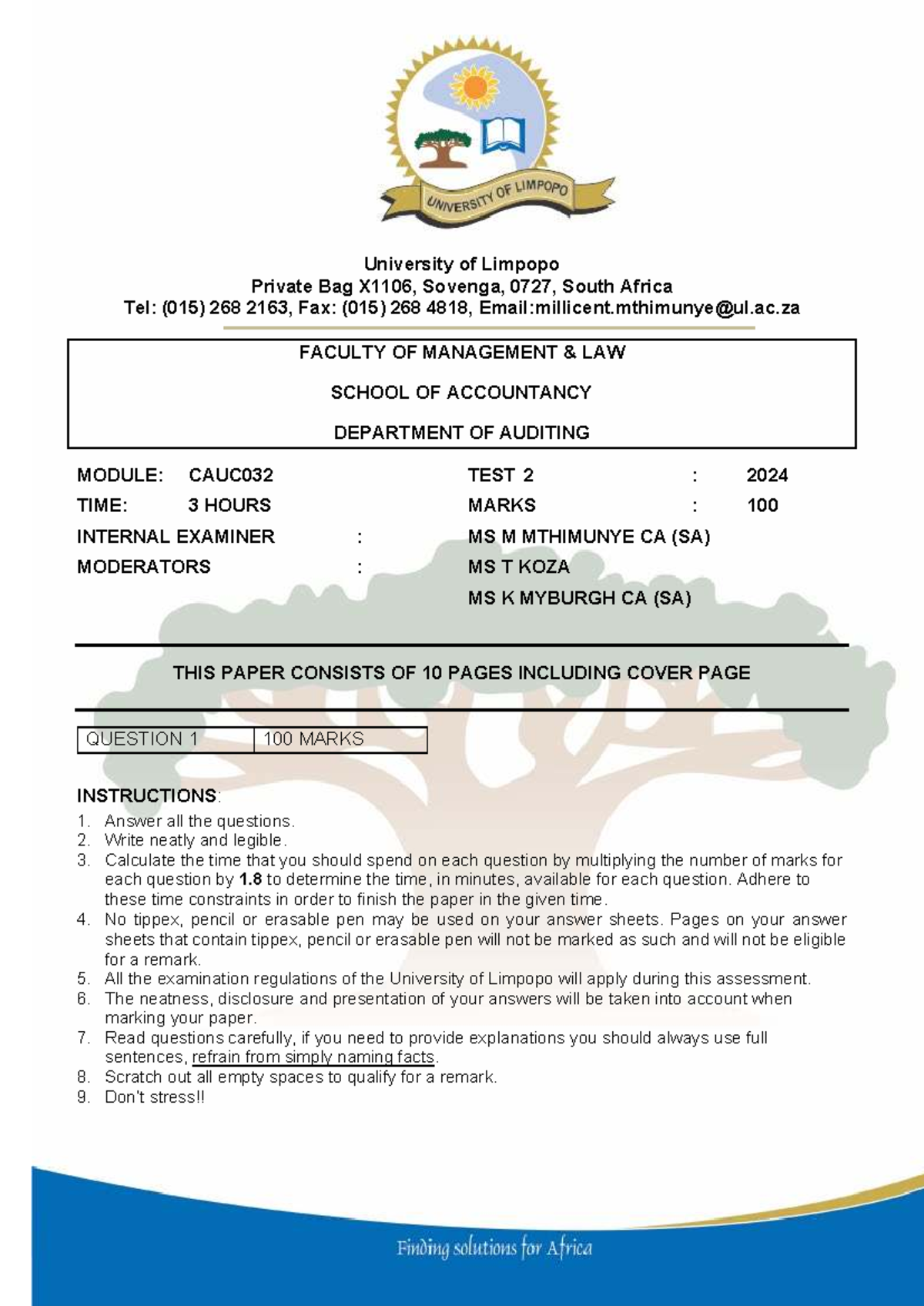 CAUC032 Test 2 Question Paper 2024: Auditing and Governance Issues ...