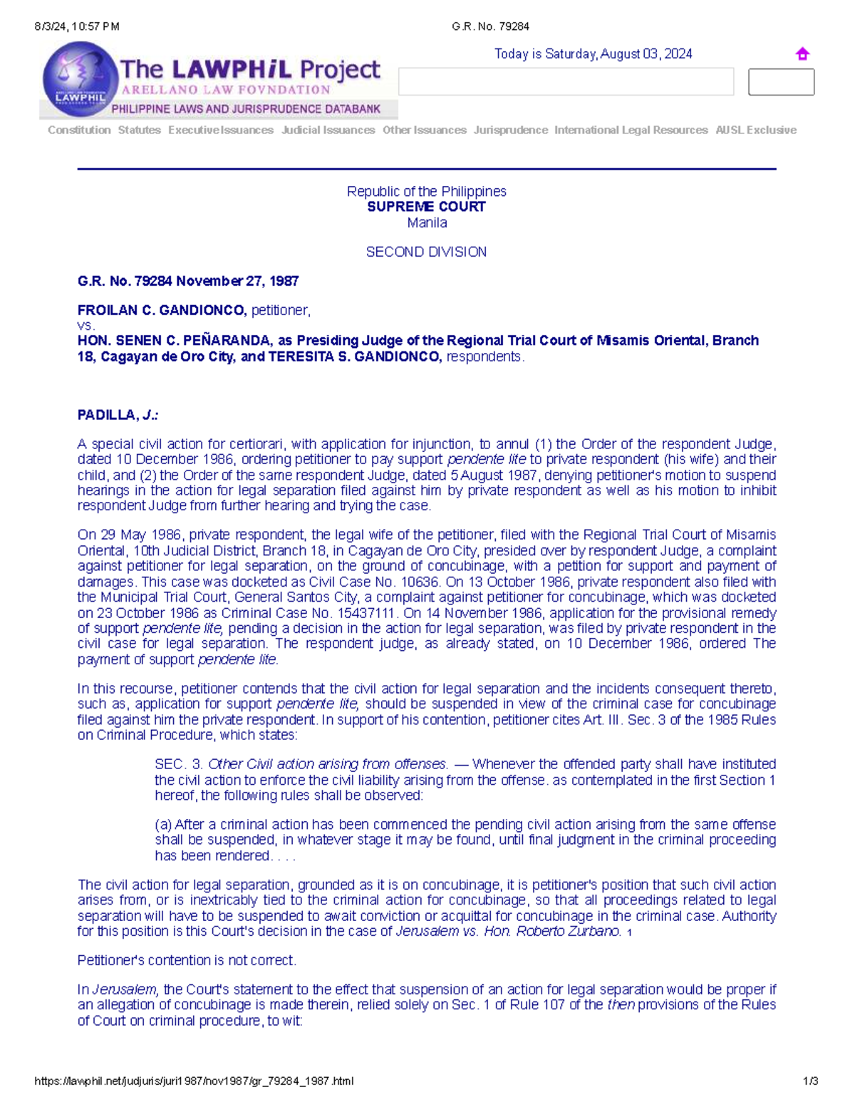 G.R. No. 79284: Legal Separation & Support Pendente Lite Case Analysis ...