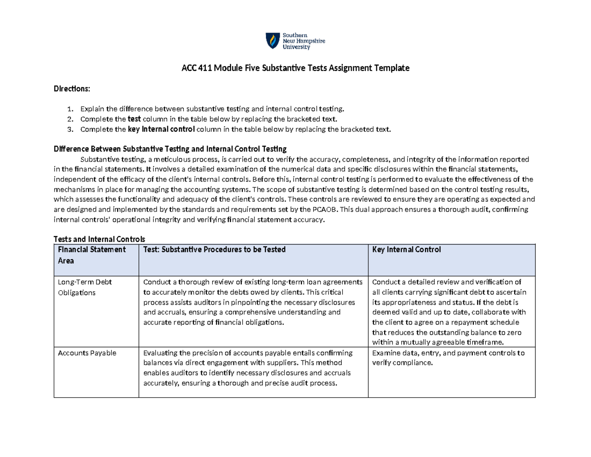 ACC 411 Substantive Tests vs Internal Control Testing Assignment - Studocu