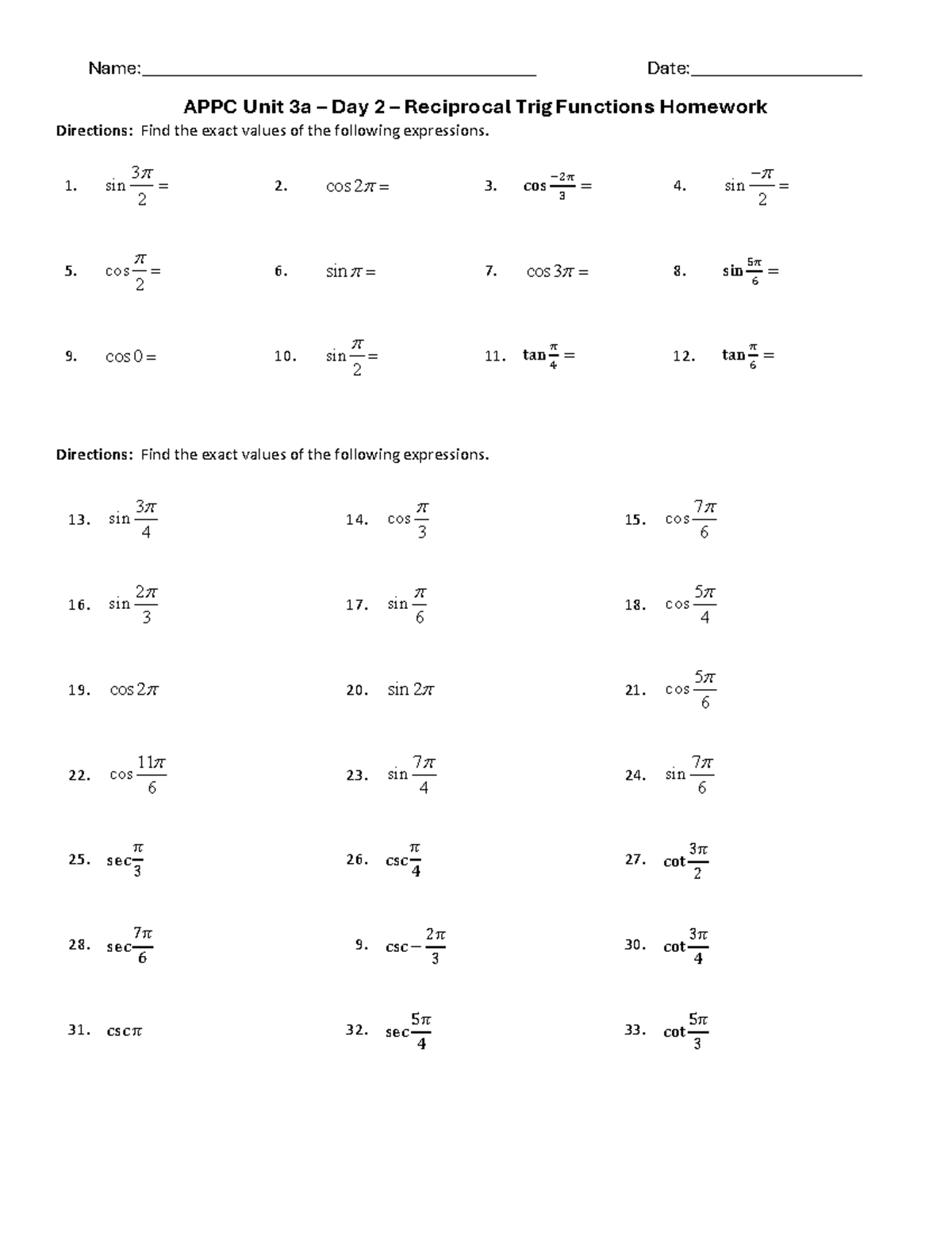 APPC Unit 3a Day 2: Reciprocal Trig Functions Homework - Studocu