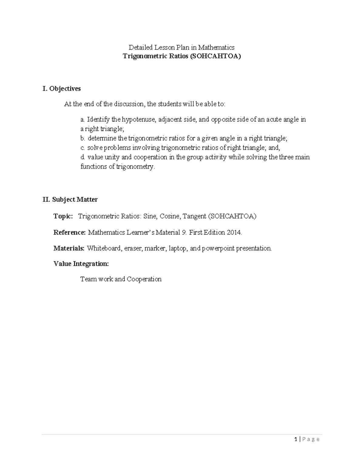 Detailed Lesson Plan on Trigonometric Ratios (SOHCAHTOA) - Studocu