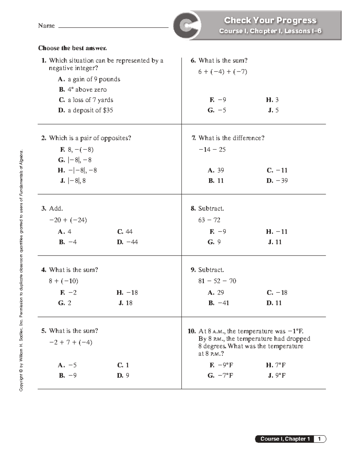 Course I, Chapter 1: Check Your Progress Lessons 1-6 Algebra - Studocu