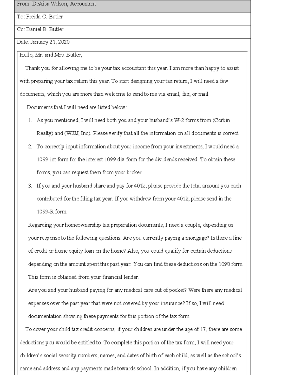 ACC 330 Final Project One New Client Email Template - From: DeAisa ...