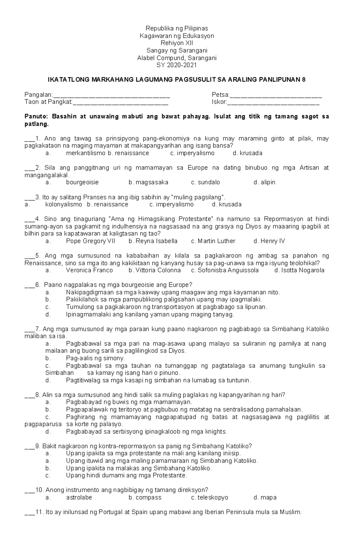 AP8 Q3 Markahang Pagsusulit sa Araling Panlipunan 8 - EXAM - Studocu