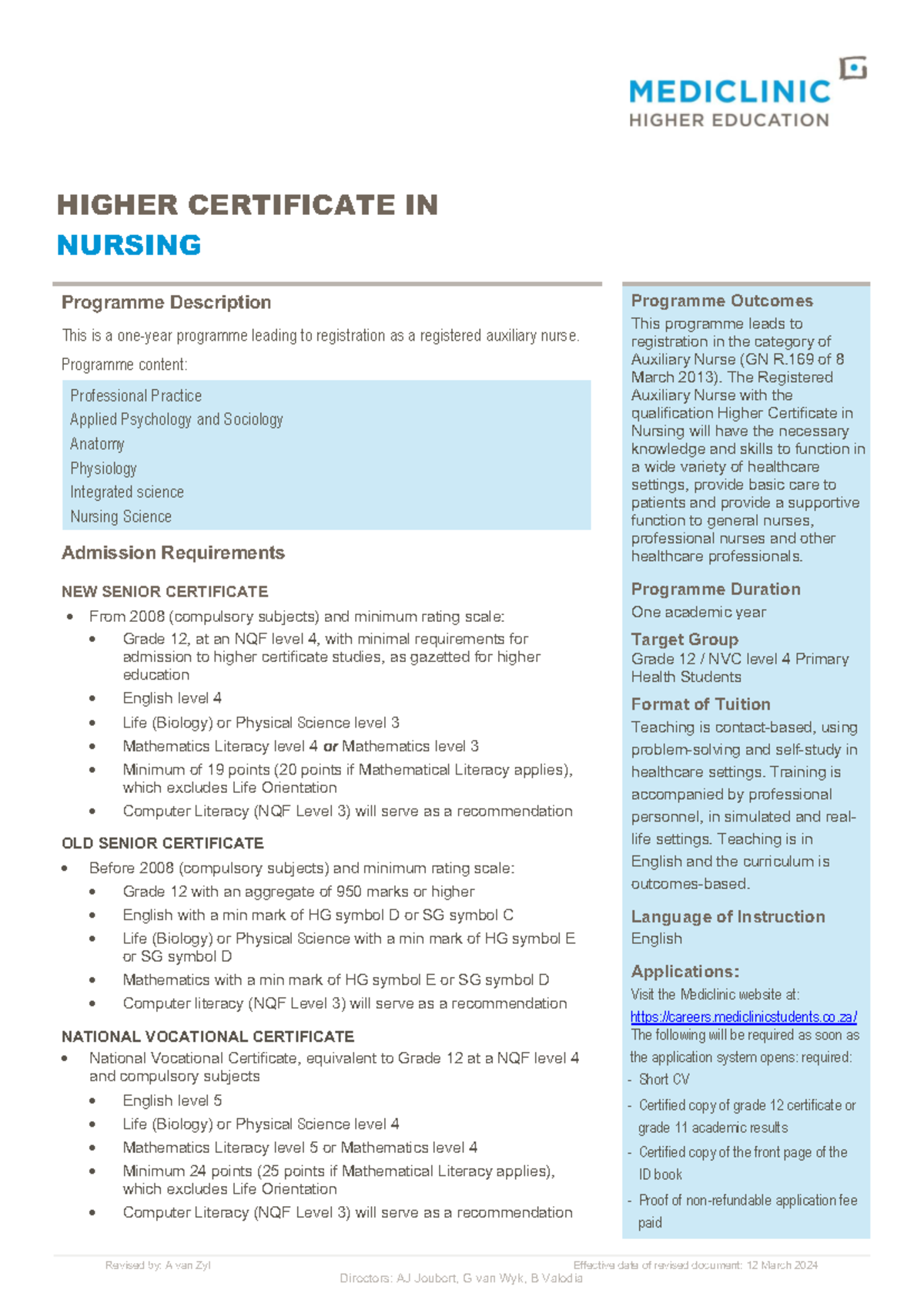 H. Cert in Nursing: Programme Outcomes & Admission Requirements - Studocu