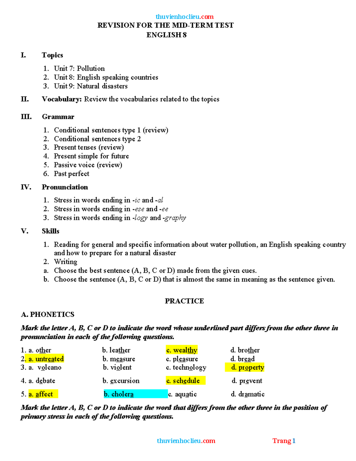 Revision for the Test: English 8 - Units 7-9 & Grammar Review - Studocu