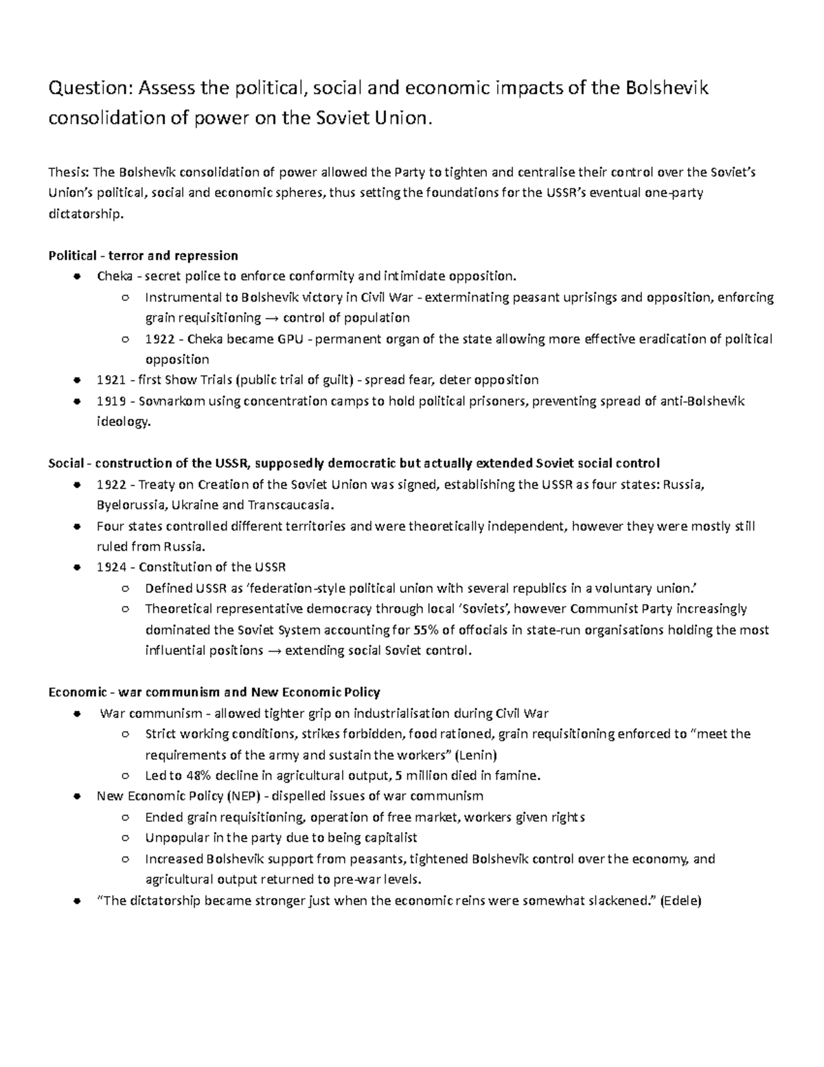 Modern History National Study Essay Plan: Bolshevik Power Impacts - Studocu