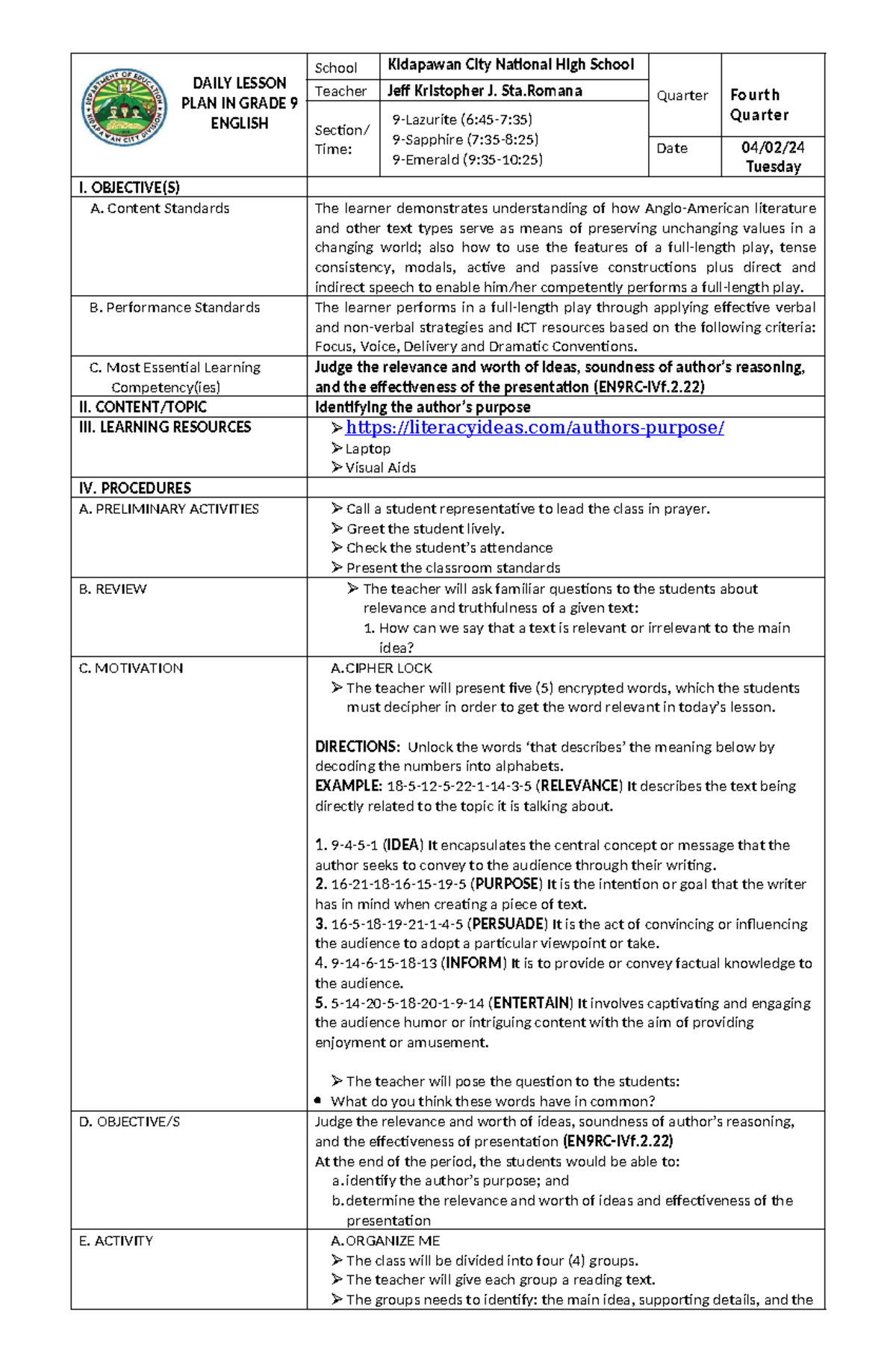 Grade 9 English Lesson Plan: Understanding the Author's Purpose - Studocu