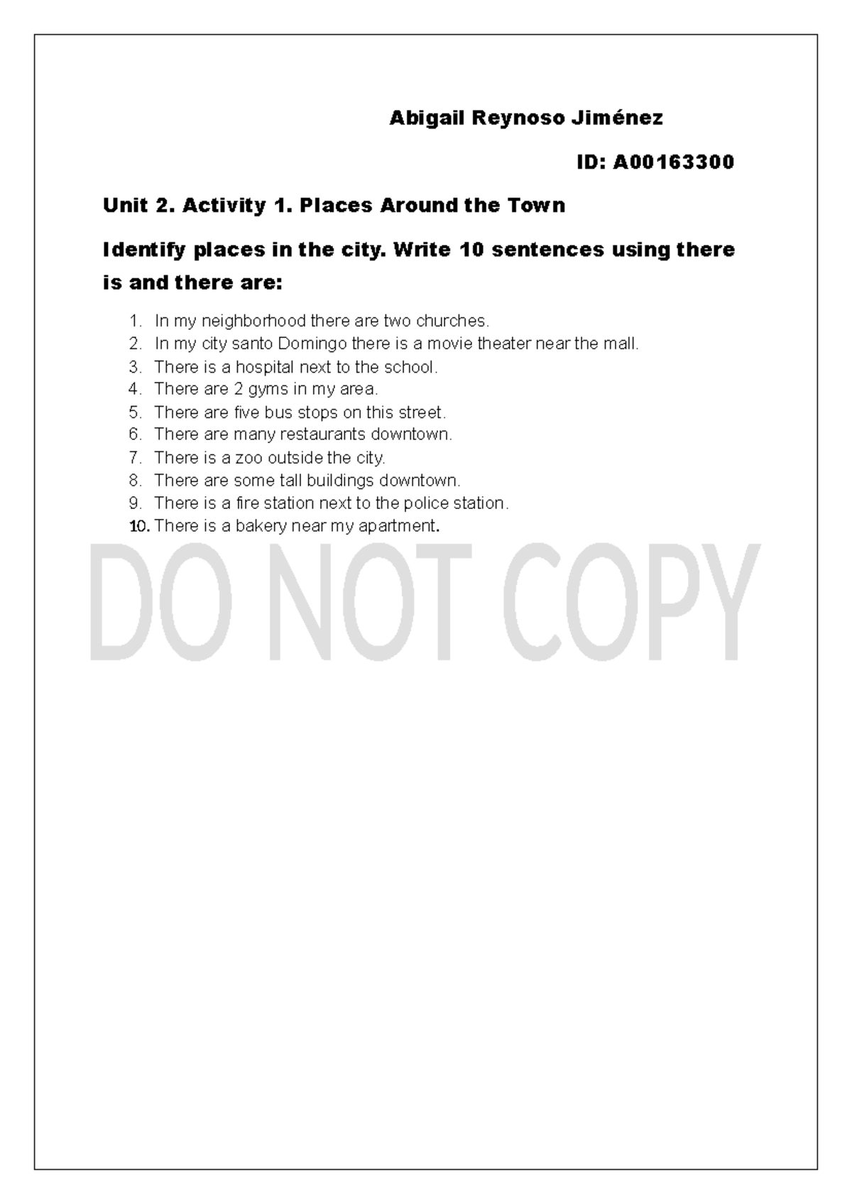 Unit 2 Activity 1: Places Around the Town - English Class - Studocu