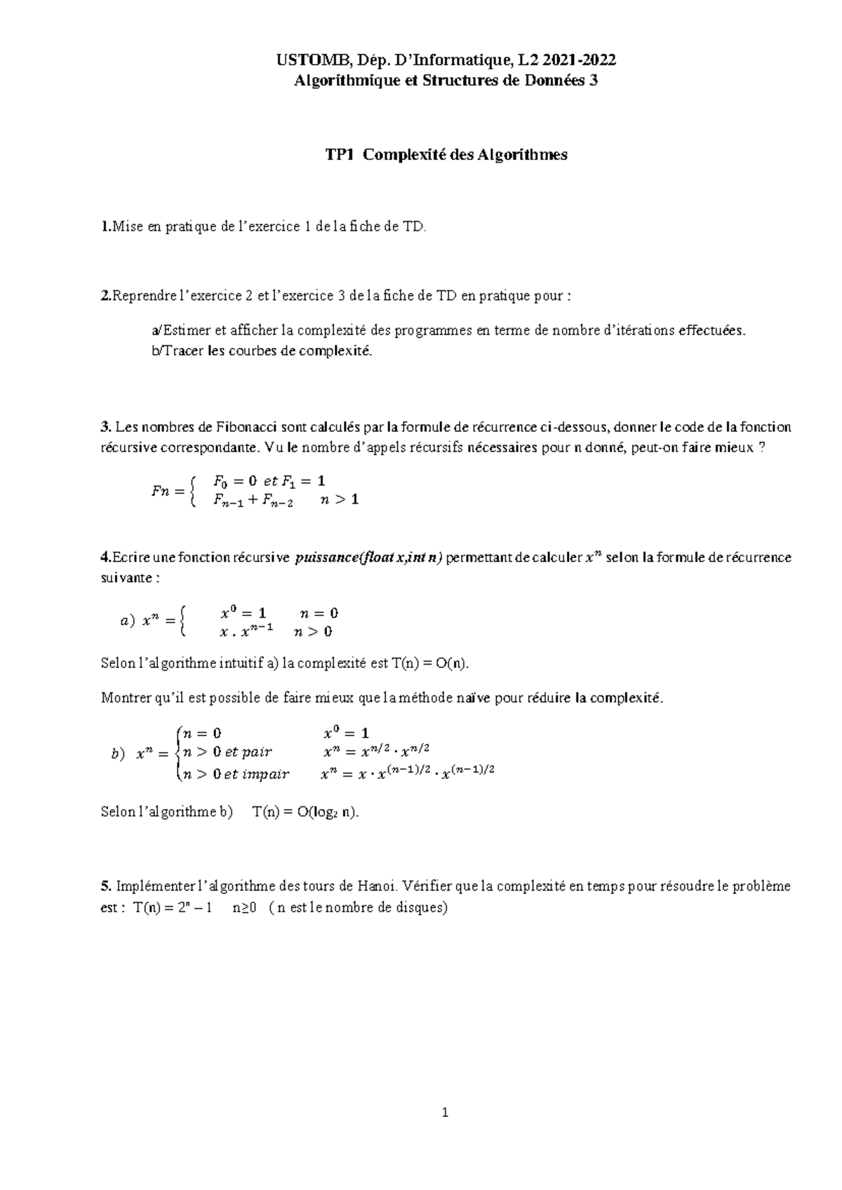 TP1 Analyse de la Complexité des Algorithmes - Algorithmique L2 2021 ...