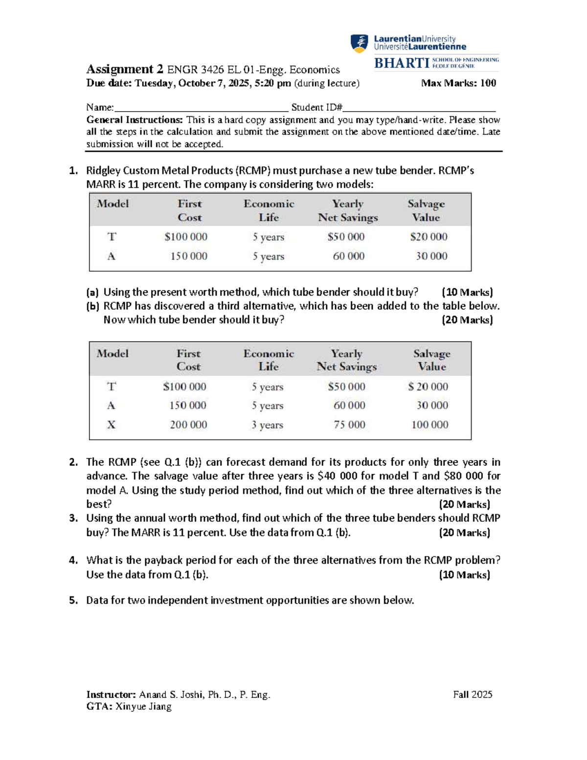 Assignment 2: Engineering Economics Analysis - ENGR 3426 F25 - Studocu