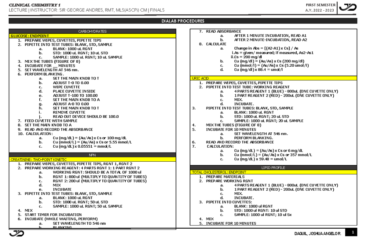 CC 202 - Dialab Procedures for Clinical Chemistry Finals - Studocu