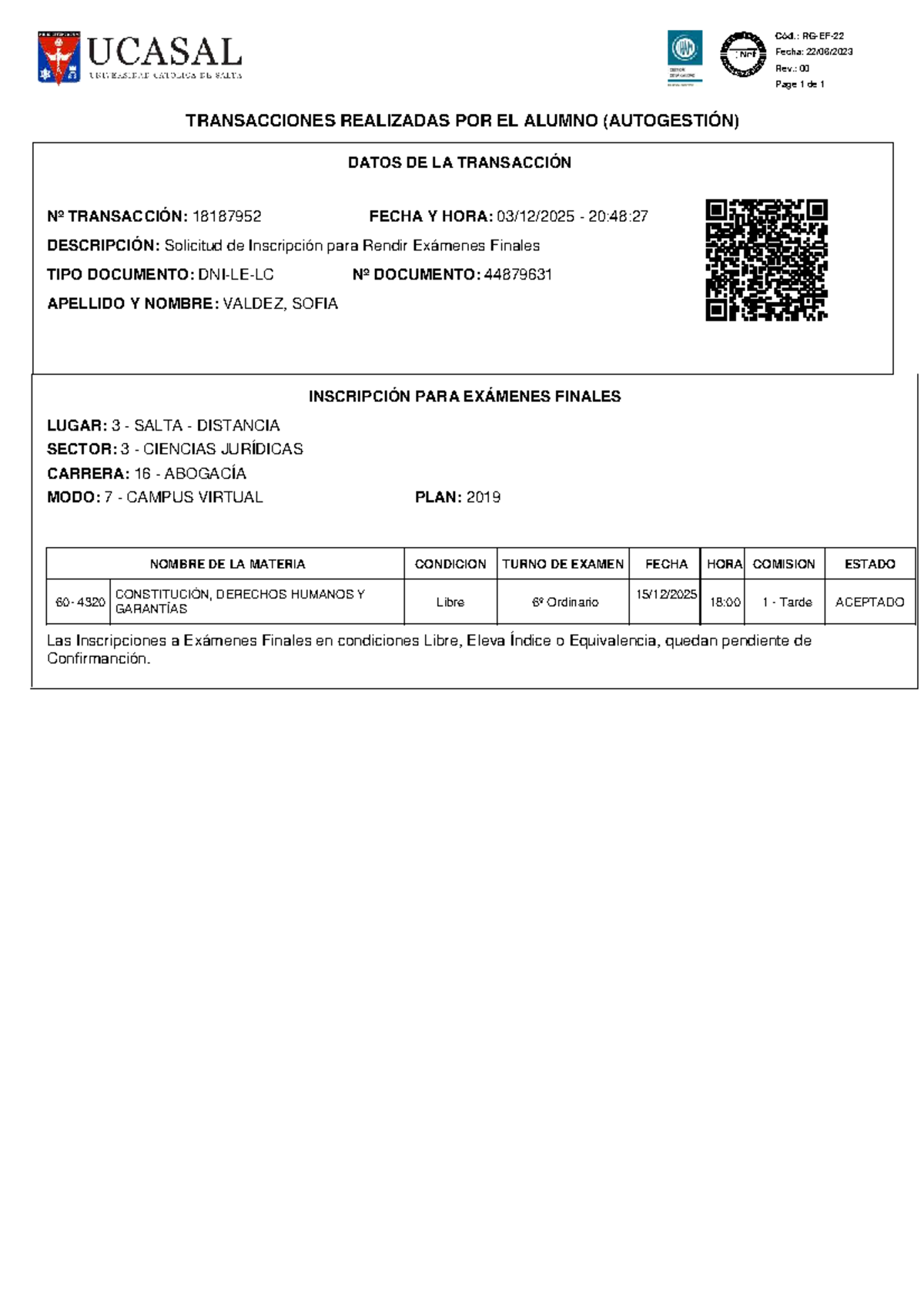 Inscripción para Exámenes Finales - Cód.: RG-EF-22 - Studocu