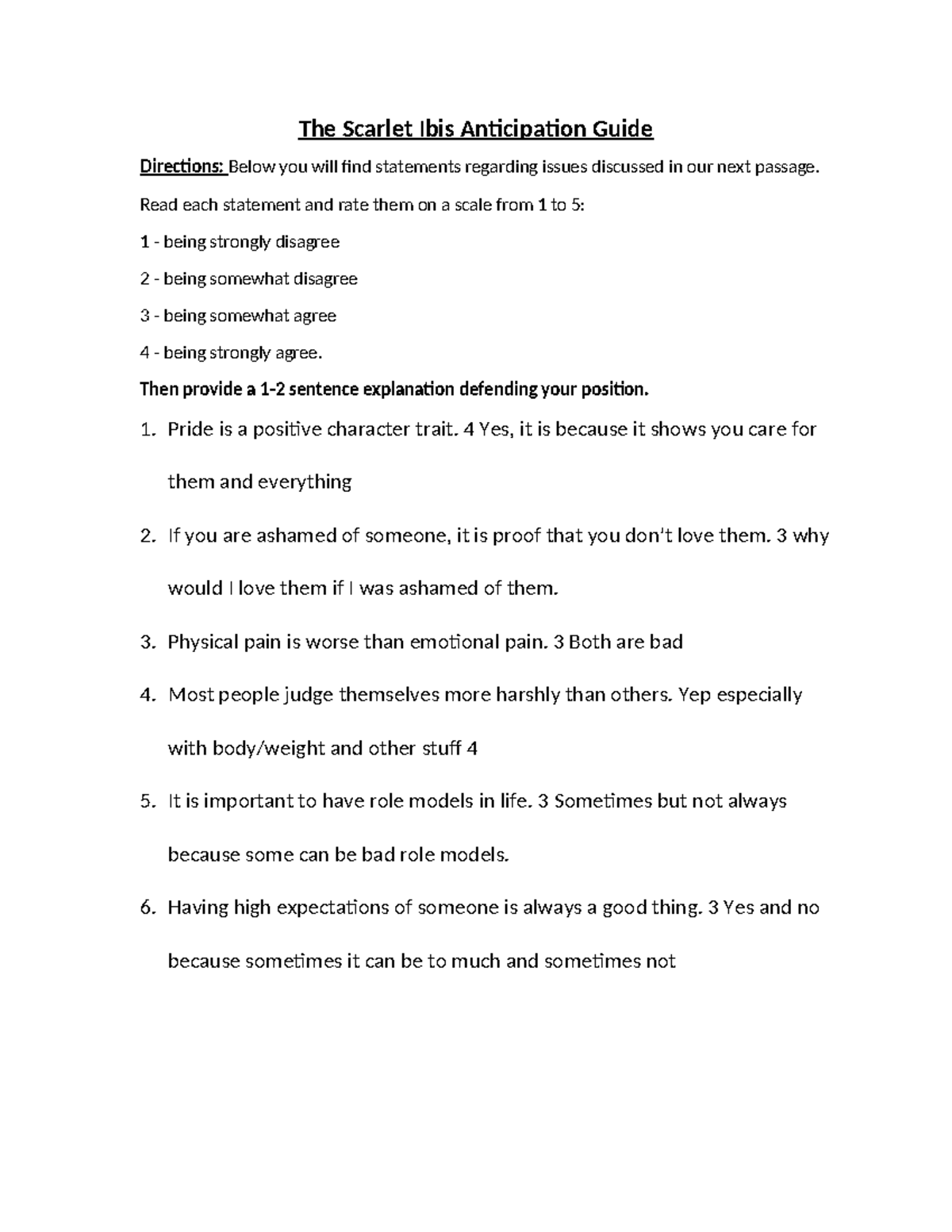 Scarlet Ibis Anticipation Guide: Reflection & Ratings (1) - Studocu