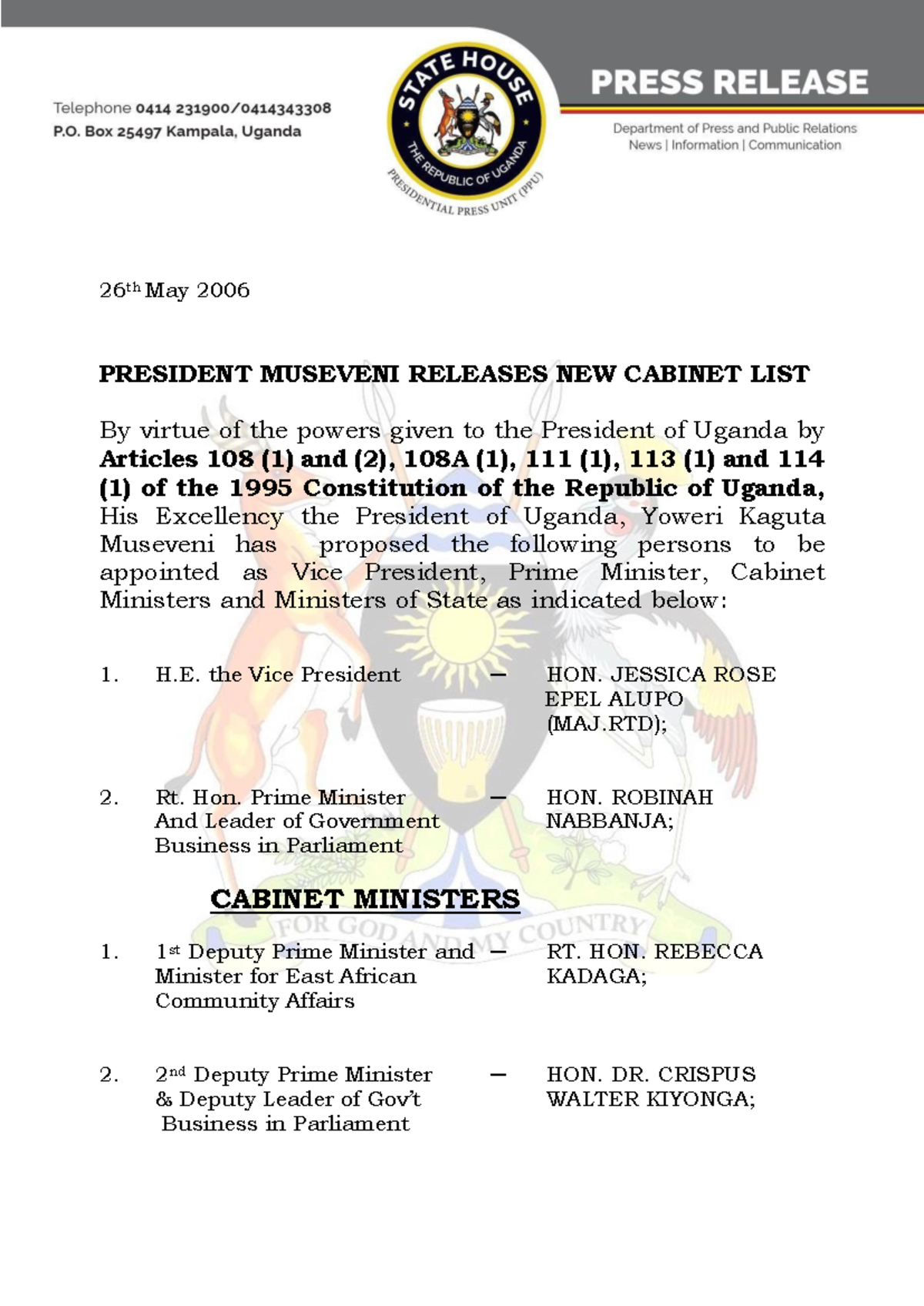 PPU Release - Museveni's New Cabinet List (26th May 2006) - Studocu
