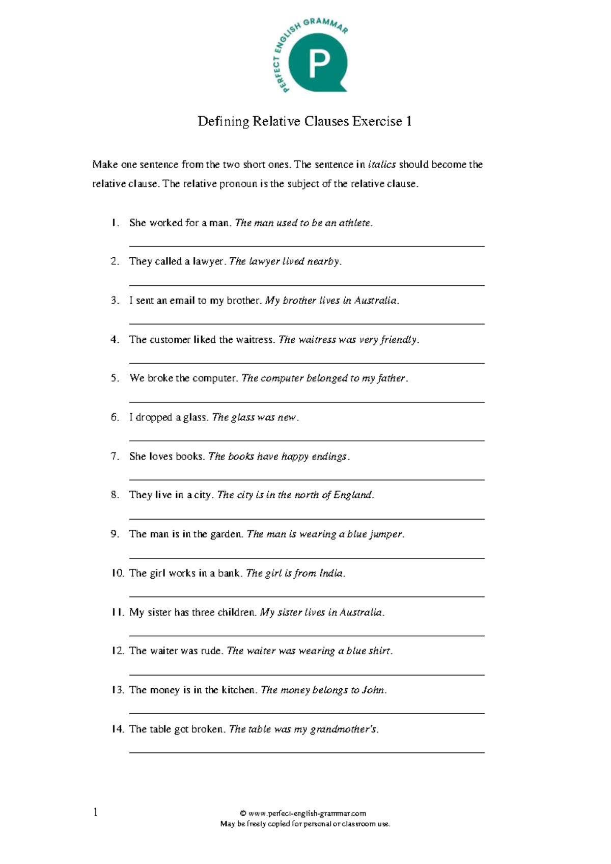 Relative Clauses Exercise 1: Combine Sentences Using Relative Pronouns ...