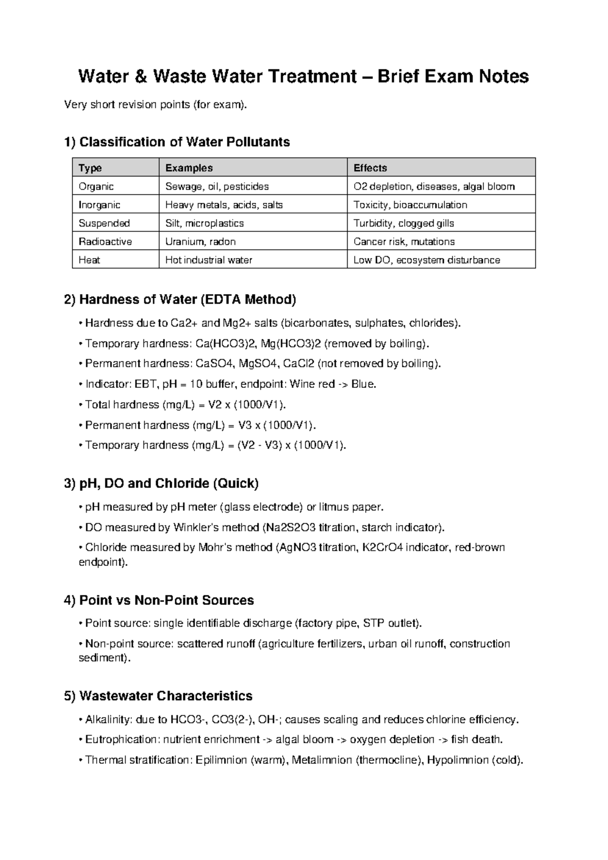 Water Wastewater Treatment Exam Notes (Revision Points) - Studocu