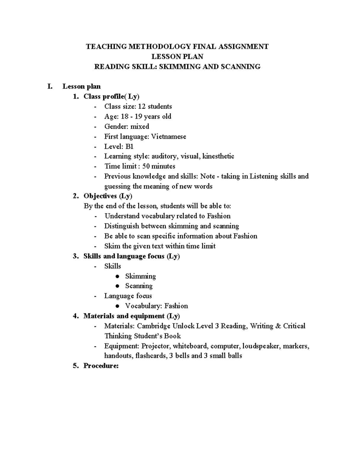 TEACHING METHODOLOGY FINAL ASSIGNMENT: LESSON PLAN ON SKIMMING ...