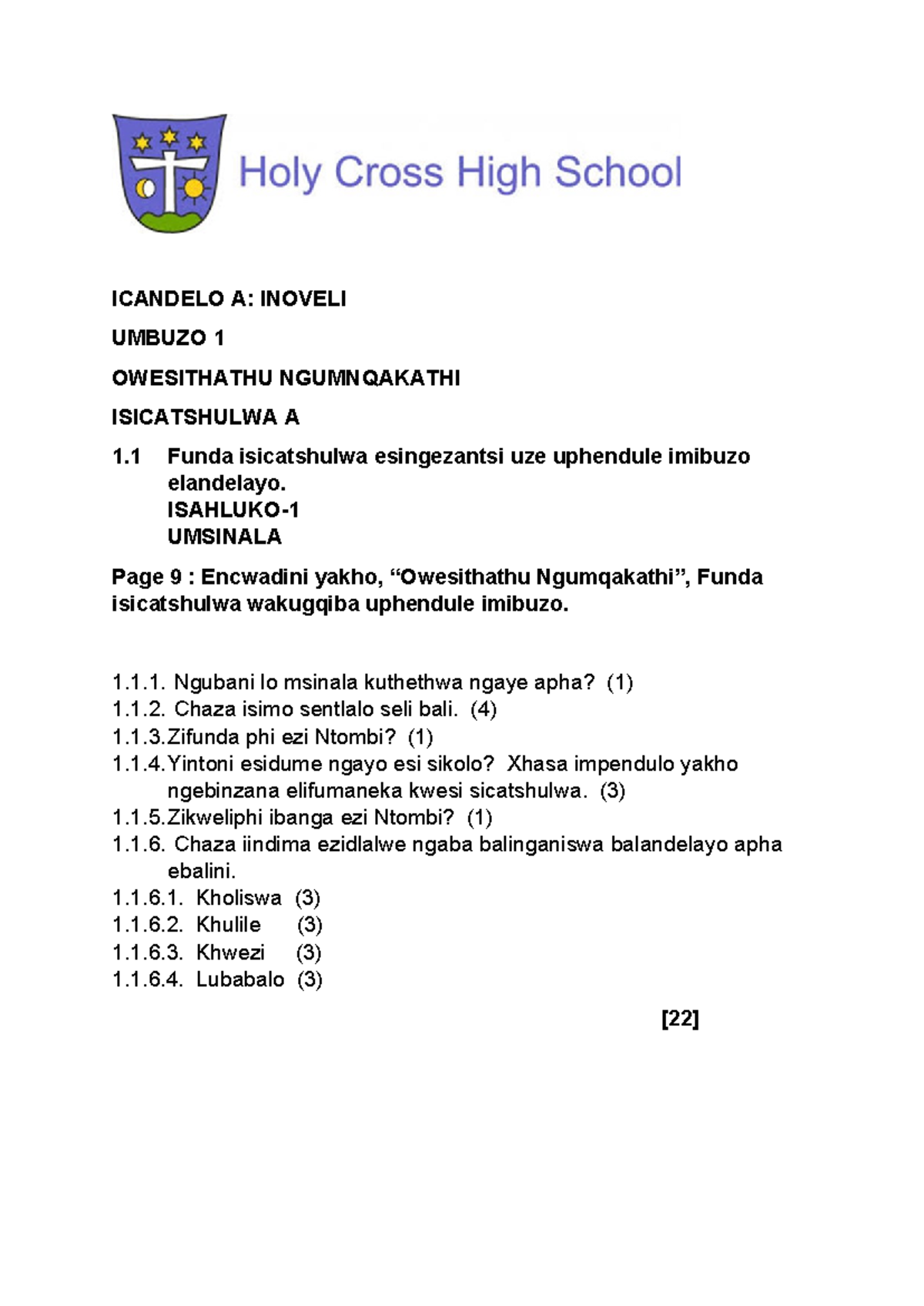 Grade 10 Owesithathu Ngumqakathi Week 10 Term 3 Questions and Analysis ...