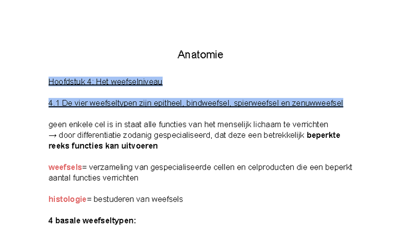 Anatomie Hoofdstuk 4: Weefseltypen en Hun Functies - Studocu