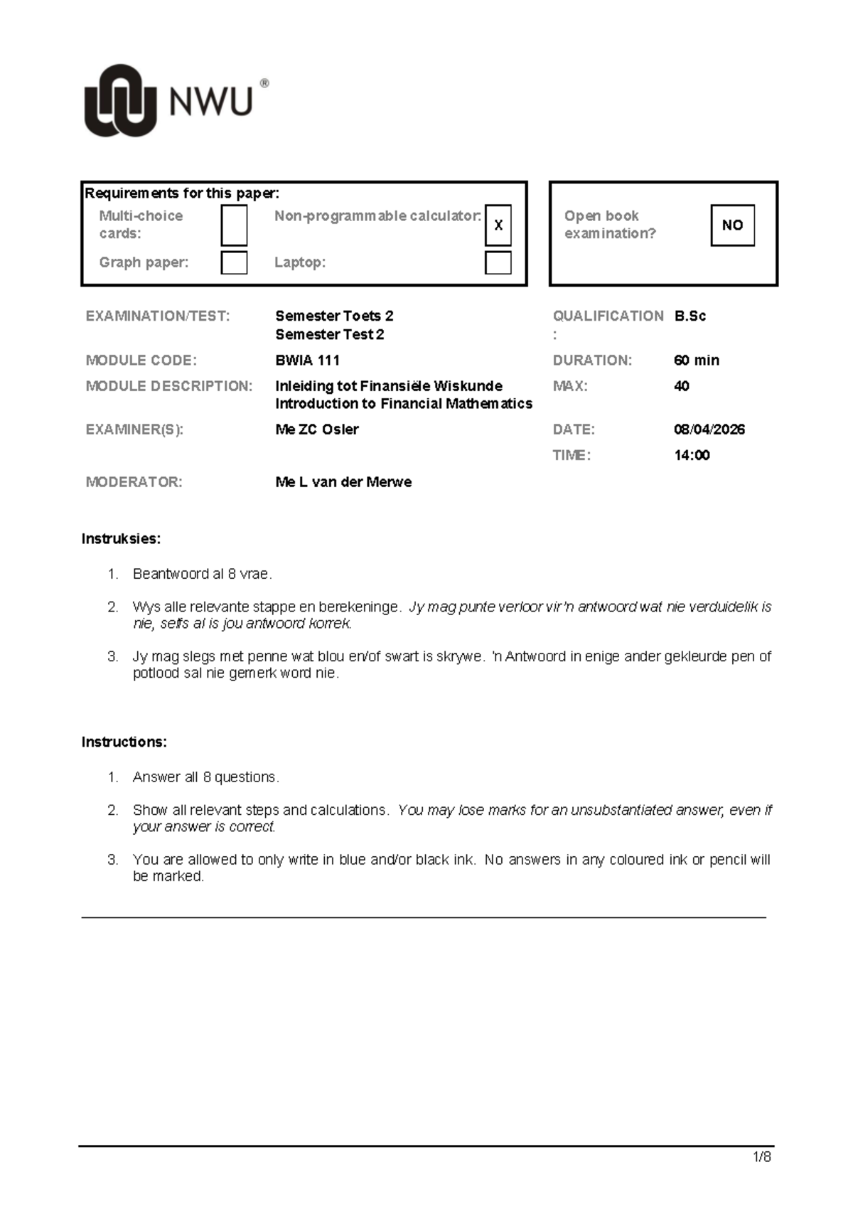 Semester Test 2 2026 Memo: Introduction to Financial Mathematics - Studocu