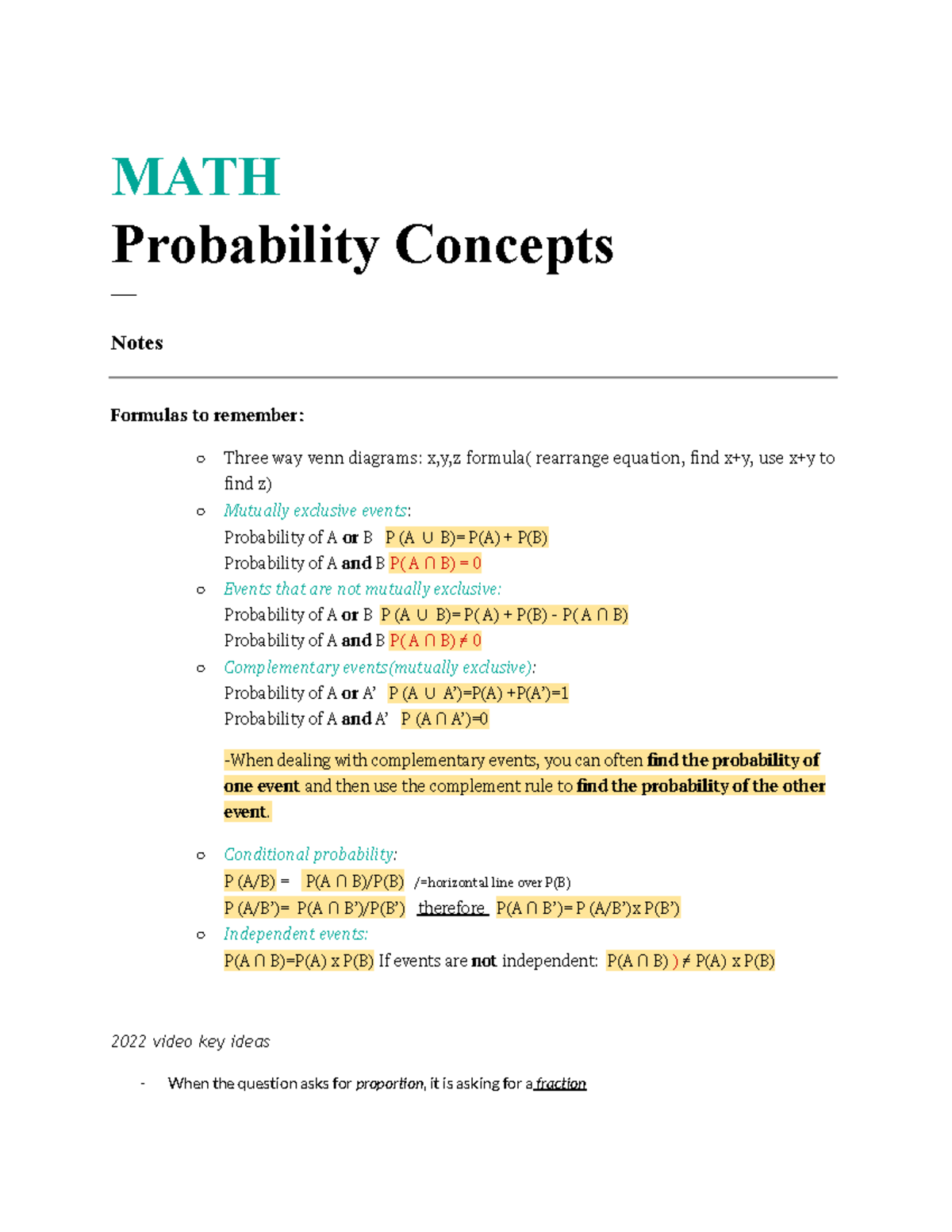 Probability Concepts Notes: Key Formulas and Definitions - Studocu