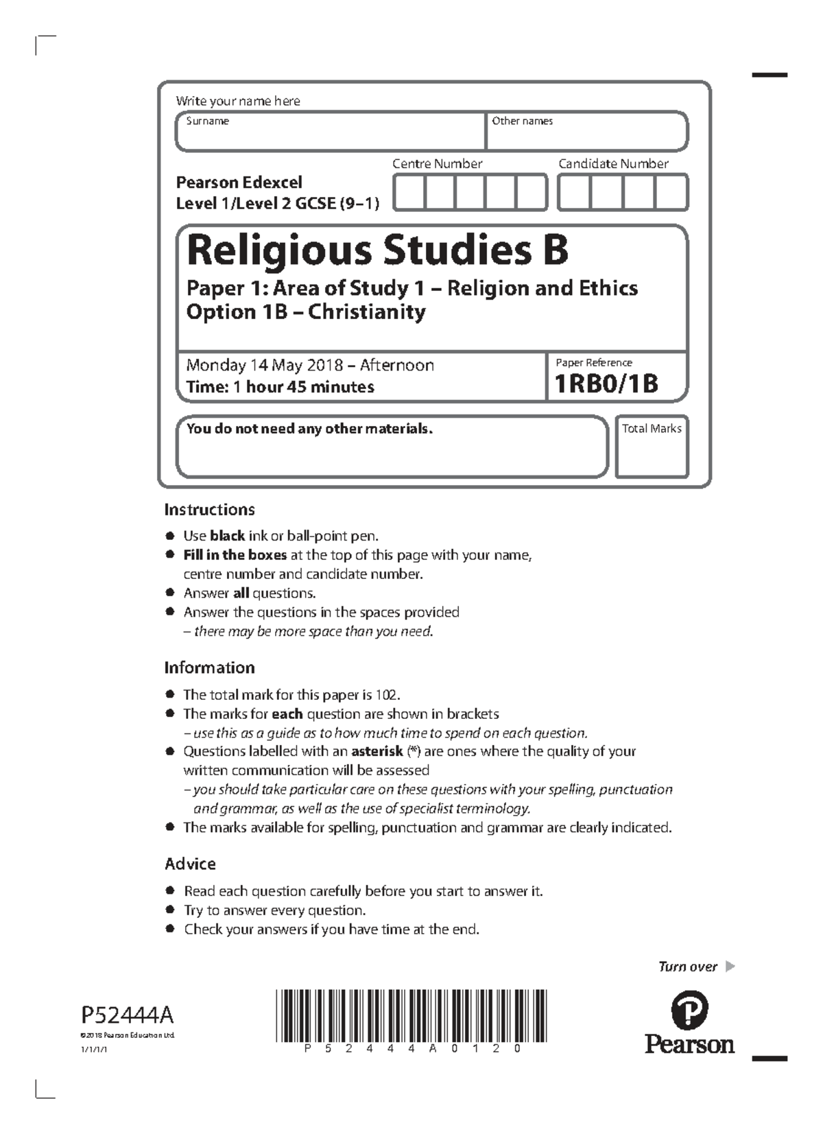 Jun18 GCSE Religious Studies B Paper 1: Christianity & Ethics Exam ...