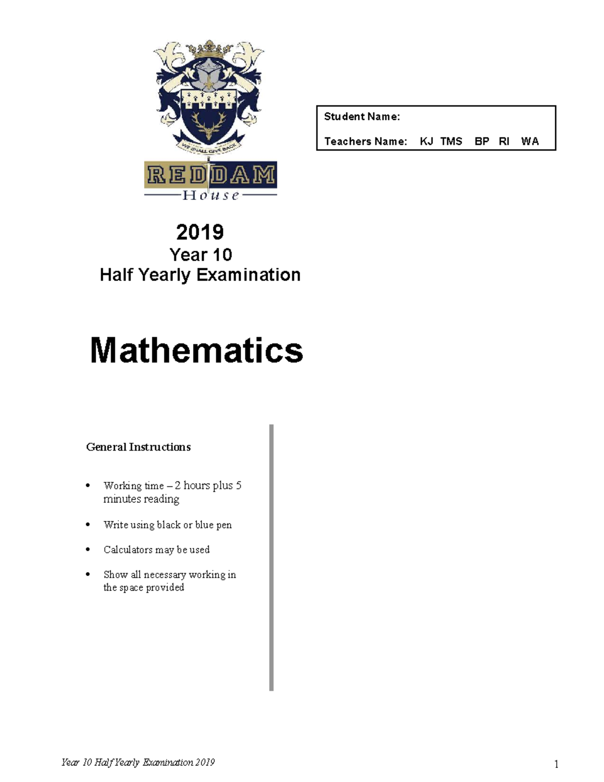 2019 Year 10 Half Yearly Exam Mathematics - Complete Solutions - Studocu