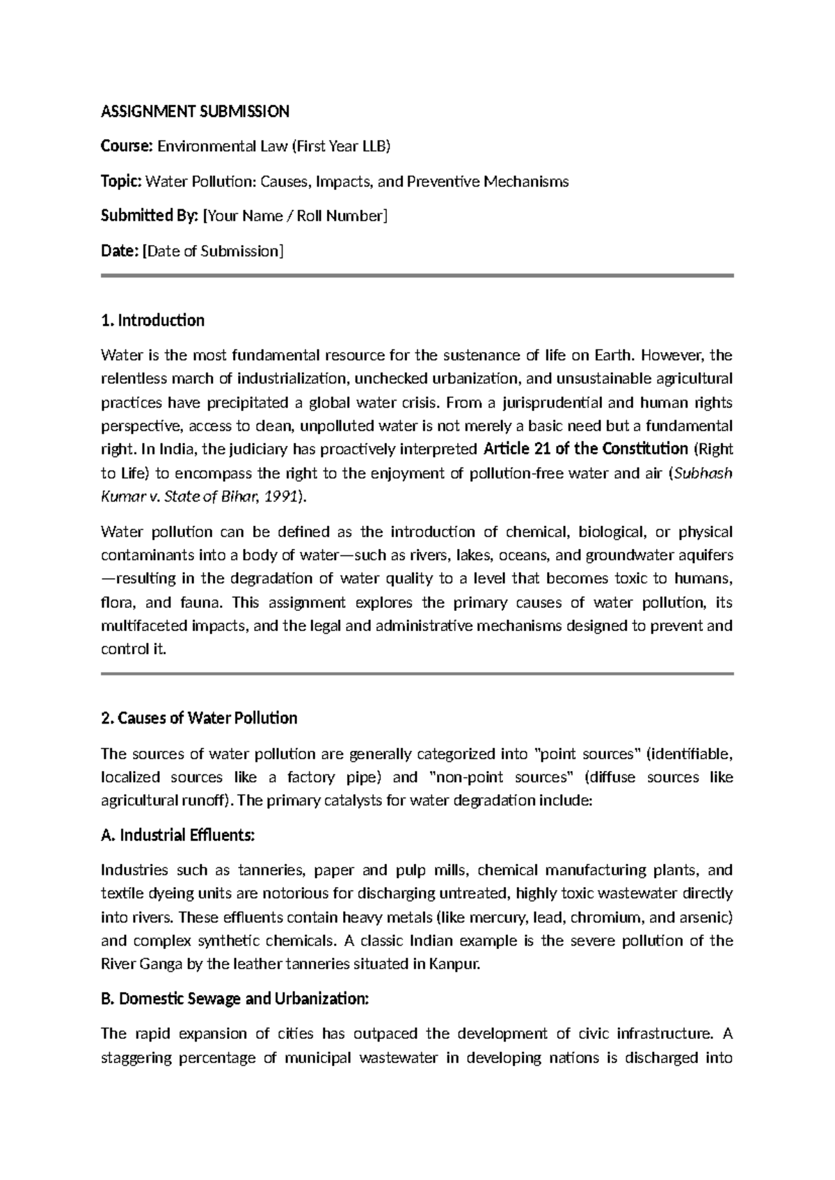 Environmental Law Assignment: Water Pollution Causes & Solutions (LLB ...